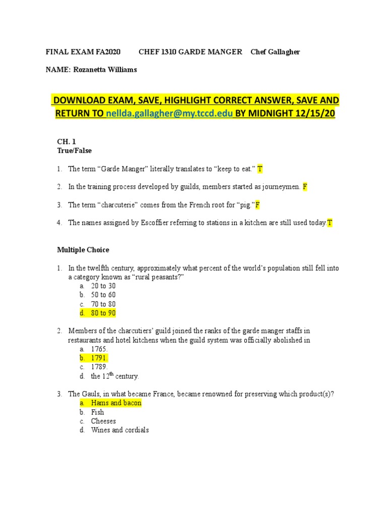 CHEF 1310 Final Exam FA2020.docx?globalNavigation False | PDF | Cheese ...