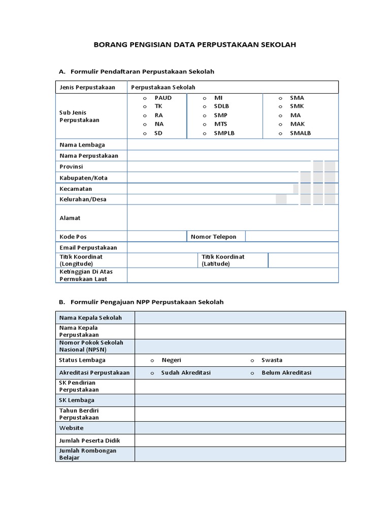 Borang Pengisian Data Perpustakaan Sekolah | PDF