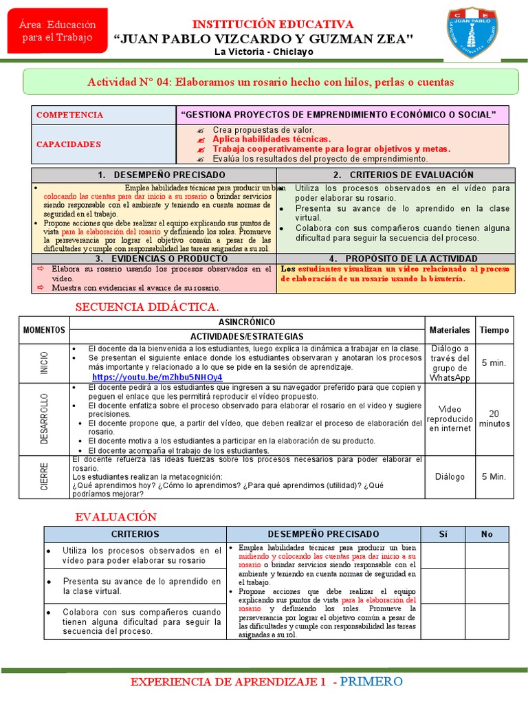 EPT - EXPERIENCIAS DE APRENDIZAJE 1 - PRIMERO-sesion 4 - Virtual | PDF | Evaluación | Aprendizaje