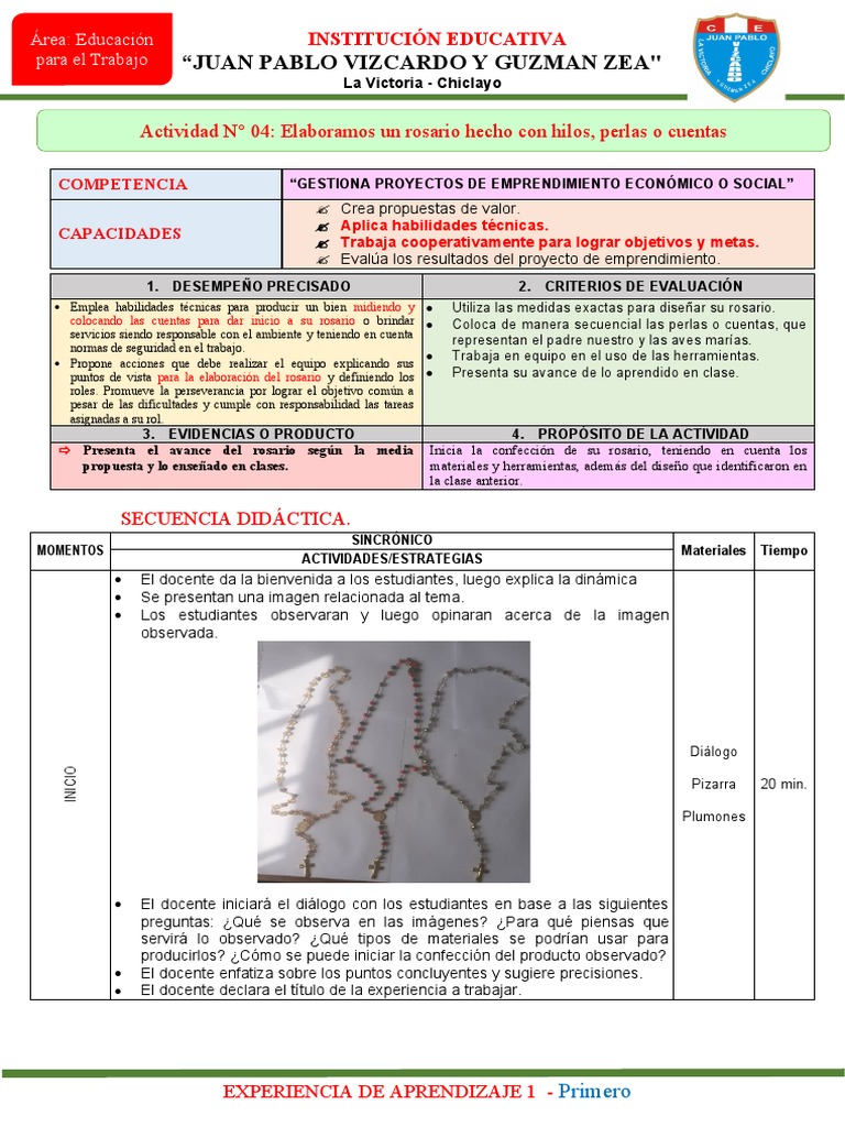EPT - EXPERIENCIAS DE APRENDIZAJE 1 - PRIMERO-sesion 4 | PDF | Evaluación | Aprendizaje
