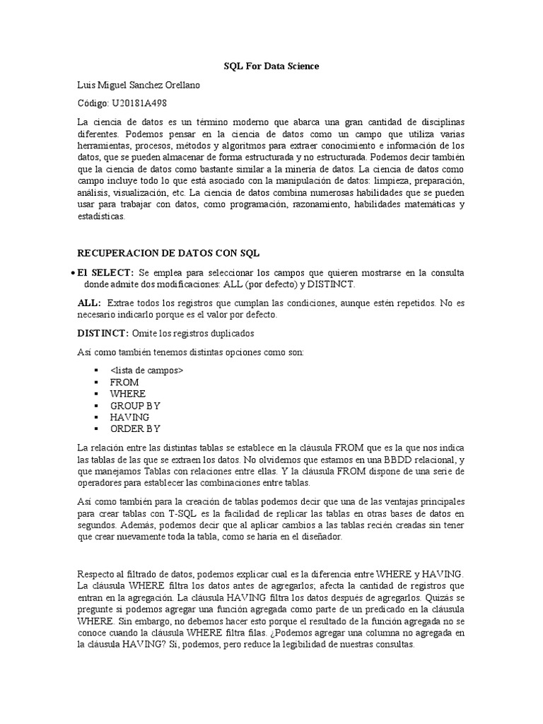 SQL para Ciencia de Datos | PDF | SQL | Tecnologías de la información