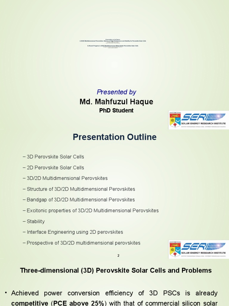 Presentation On 2D-3D PSCs | PDF | Solar Cell | Chemistry