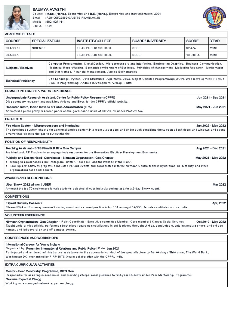 Saumya Avasthi: Course Specialization Institute/College Board/University Score Year | PDF ...