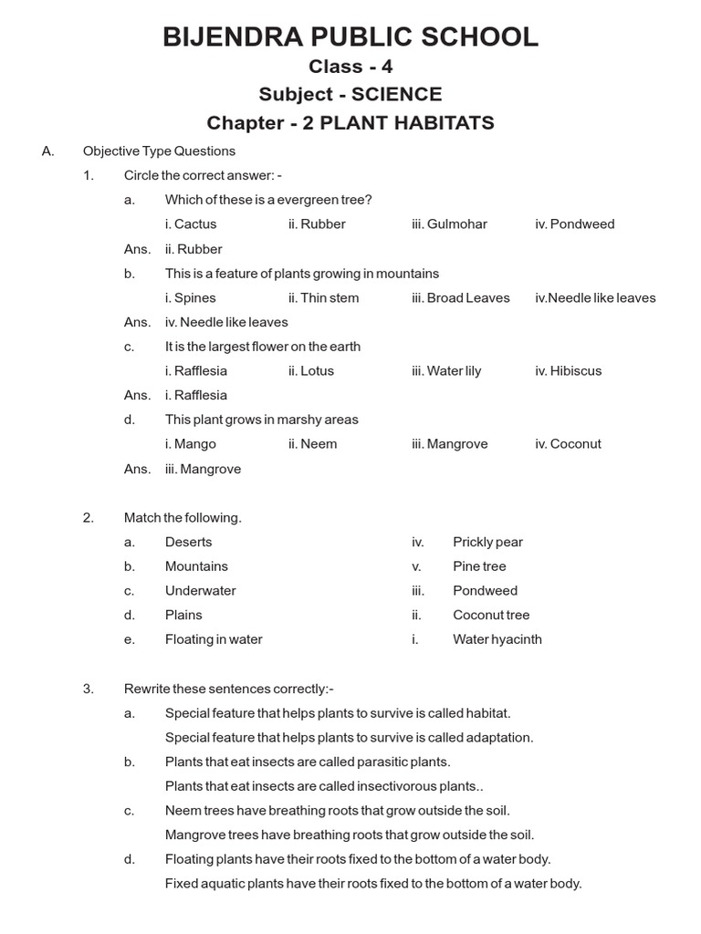 Class 4 Subject Science Chapter 2 Plant Habitats | PDF | Trees | Plants