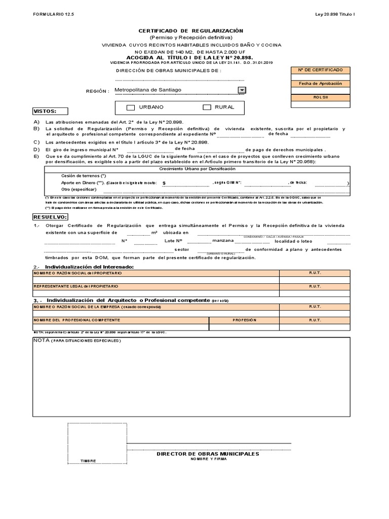 Formulario 12.5 Certificado Regularizacion Vivienda Hasta 140 m2 Ley 20 ...