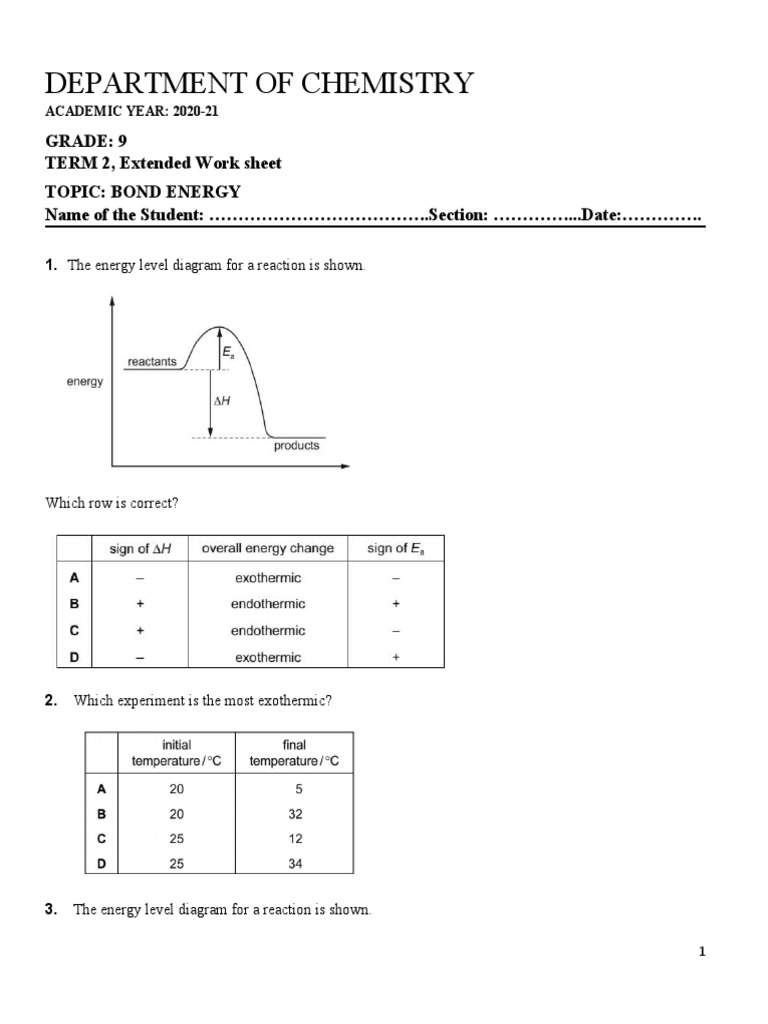 Chem-G 9-Extended Revision Sheet Bond Energy | PDF | Chemical Reactions ...
