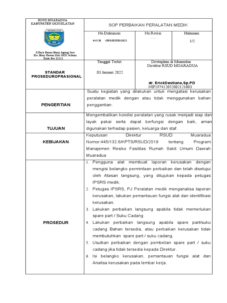 SOP Perbaikan Peralatan Medik RSUD | PDF