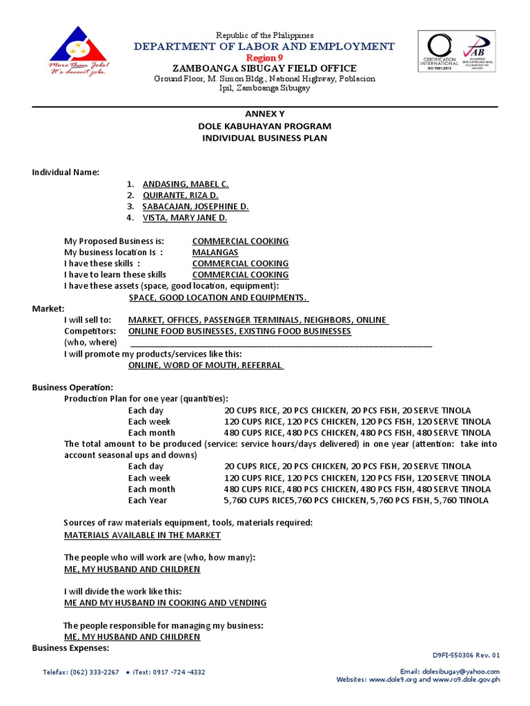 DOLE Kabuhayang Commercial Cooking Business Plan | PDF | Cookware And ...