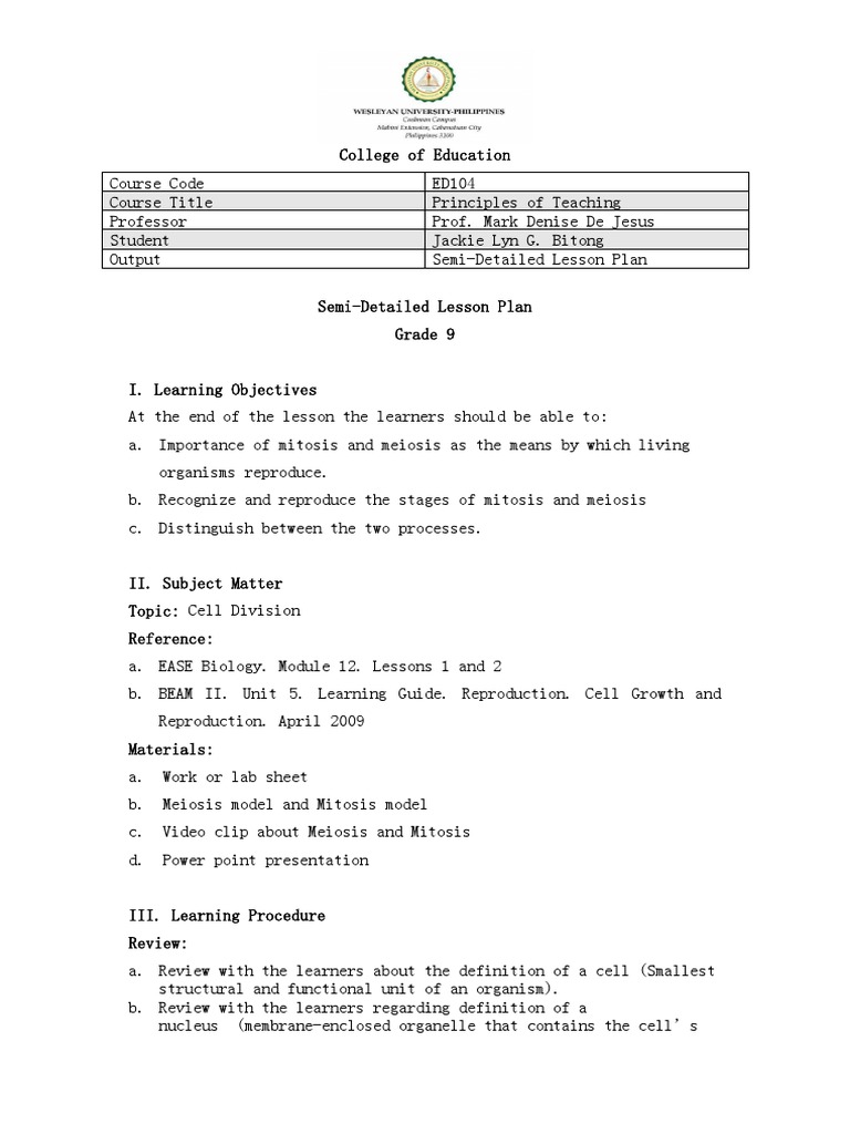 Understanding Cell Division: A Semi-Detailed Lesson Plan on Mitosis and ...