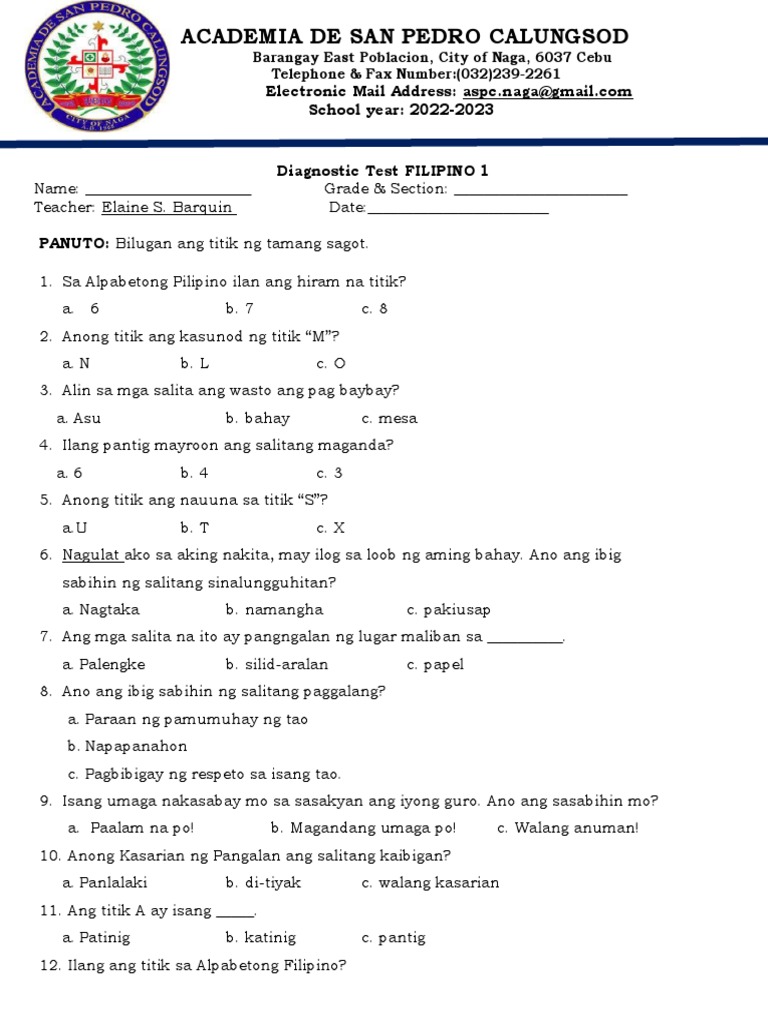 Diagnostic Test in Filipino 1 | PDF