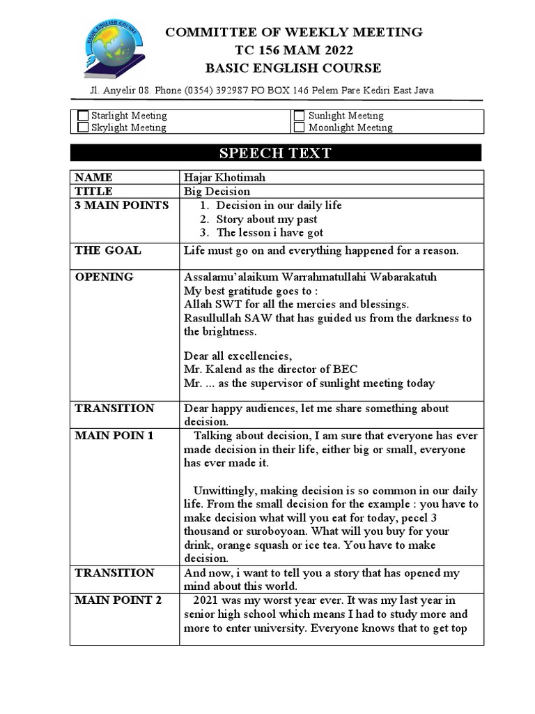 Speech Text: Committee of Weekly Meeting TC 156 MAM 2022 Basic English ...