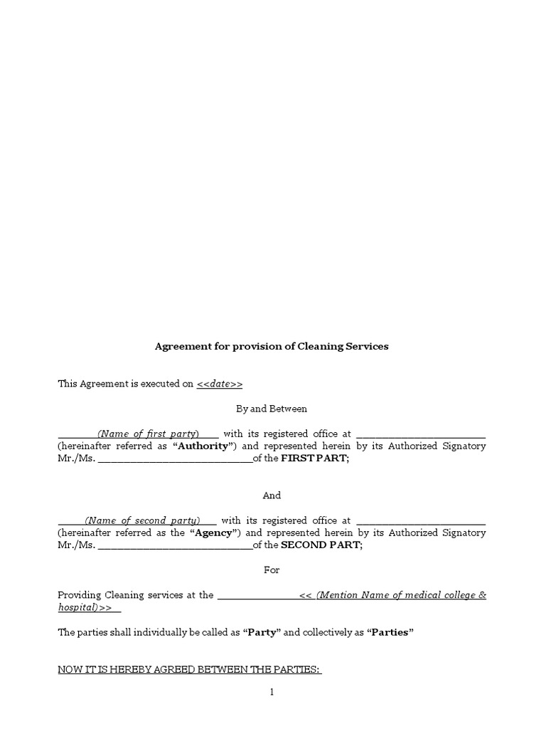 Agreement For Provision of Cleaning Services: (Name of First Part Y ...