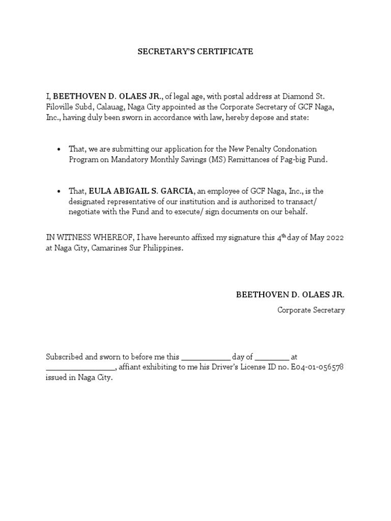 SECRETARY Cert Pag Ibig | PDF