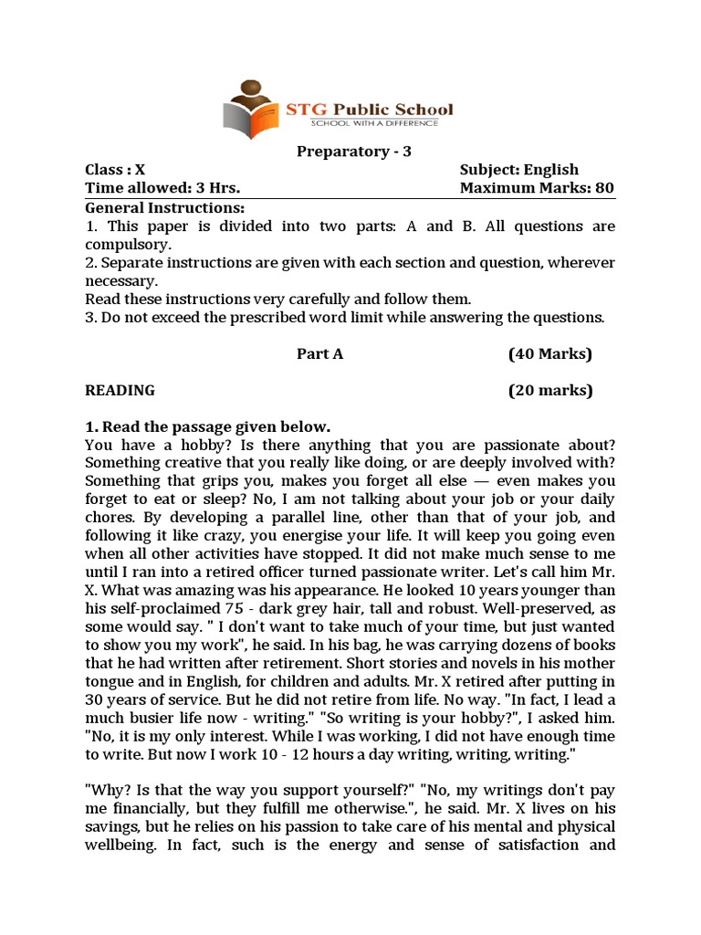 Preparatory - 3 Class: X Subject: English Time Allowed: 3 Hrs. Maximum Marks: 80 General ...