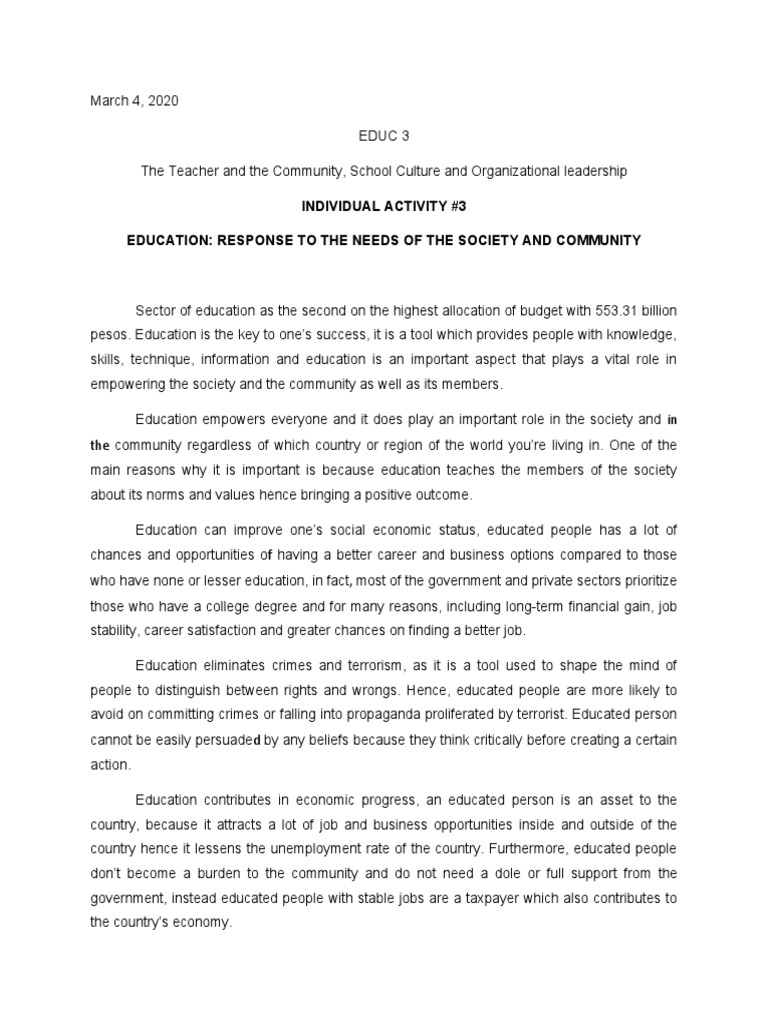 Education Response To The Needs of The Society and Community | PDF ...