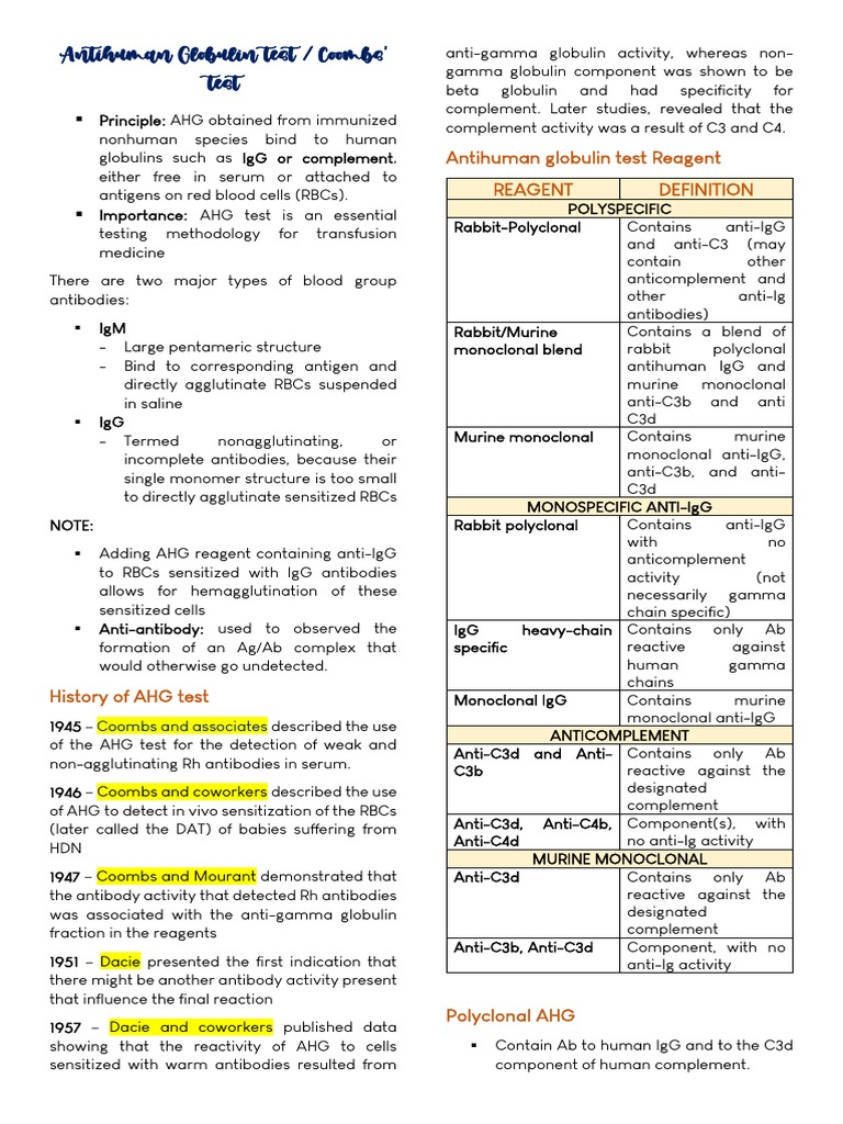 AHG Test Principles, Reagents & History | PDF | Antibody | Polyclonal B ...