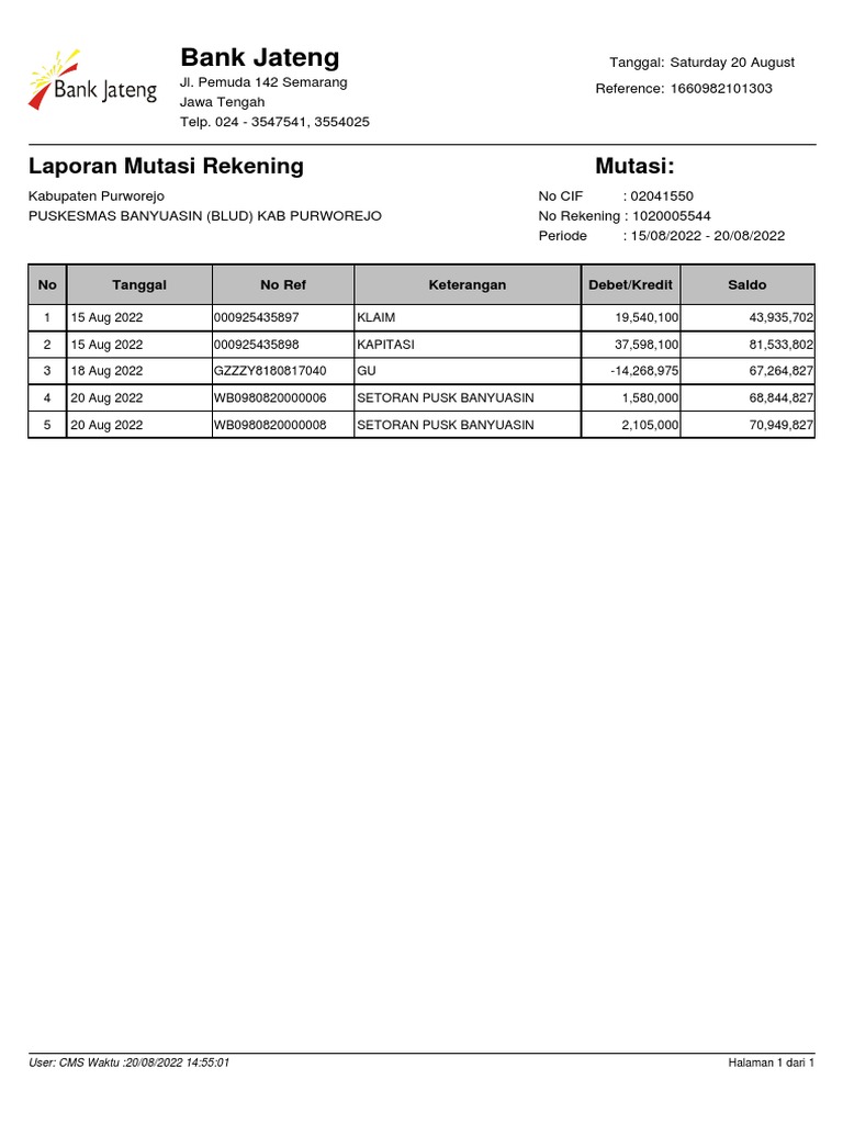 Bank Jateng: Laporan Mutasi Rekening Mutasi | PDF