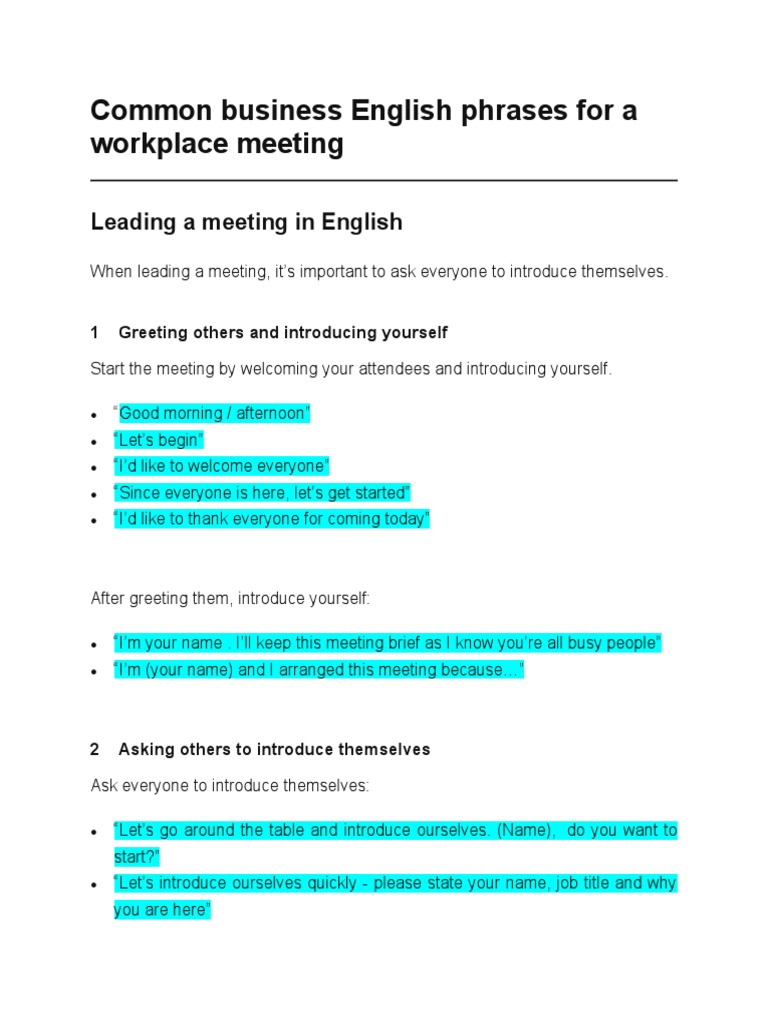 Common Business English Phrases For A Workplace Meeting | PDF | Career ...