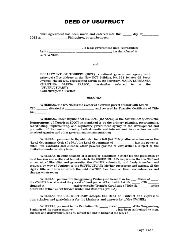 Deed of Usufruct: The Department of Tourism ( | PDF | Deed | Land Lot