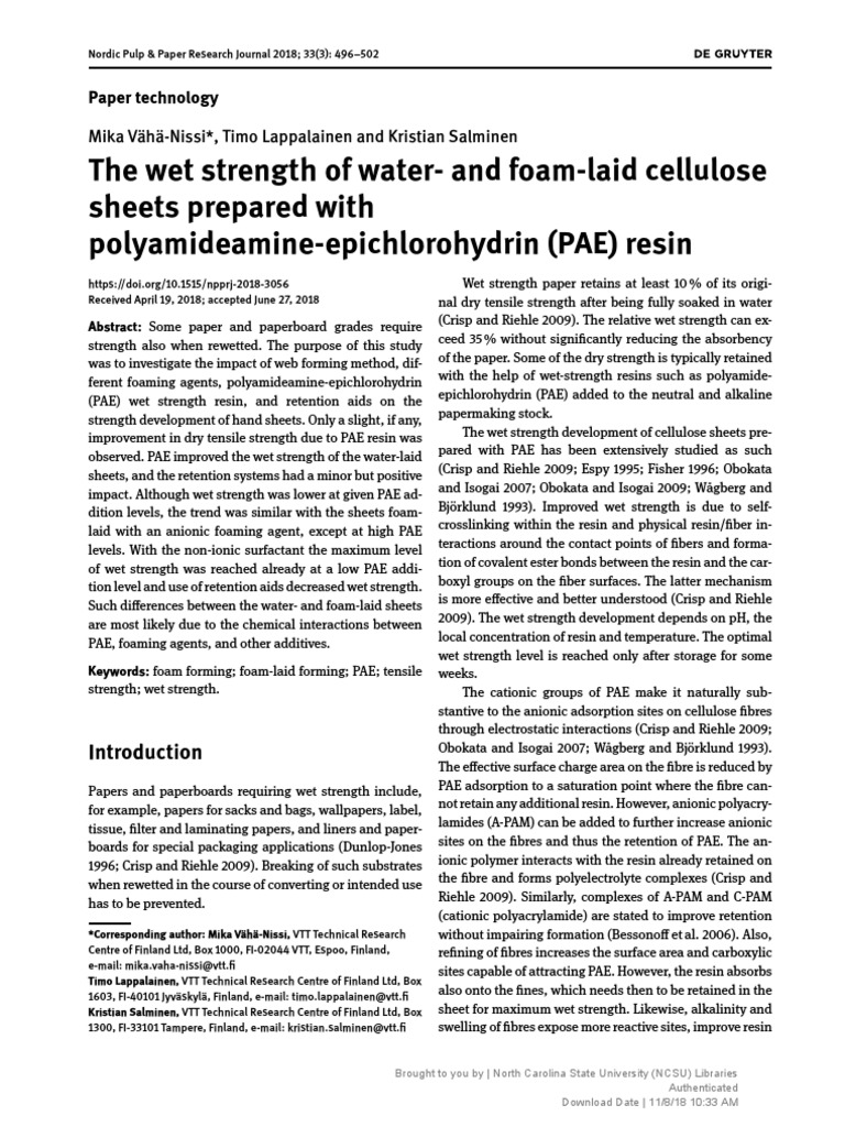 The Wet Strength of Water-And Foam-Laid Cellulose Sheets Prepared With ...