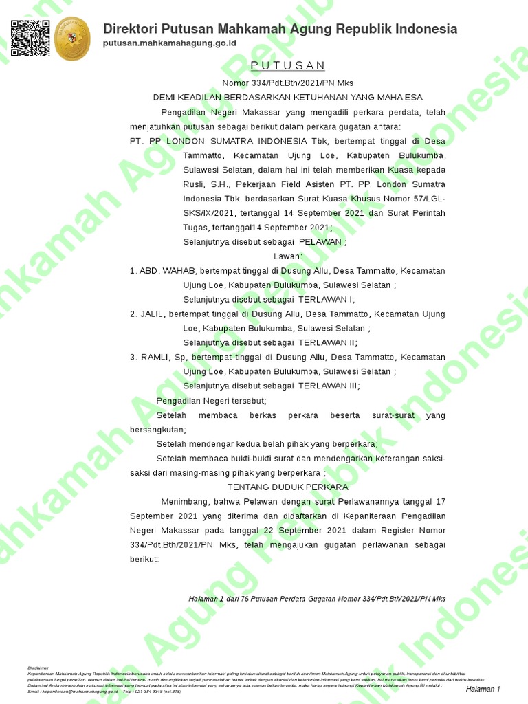 Putusan 334 PDT - BTH 2021 PN Mks 20220623185937 | PDF