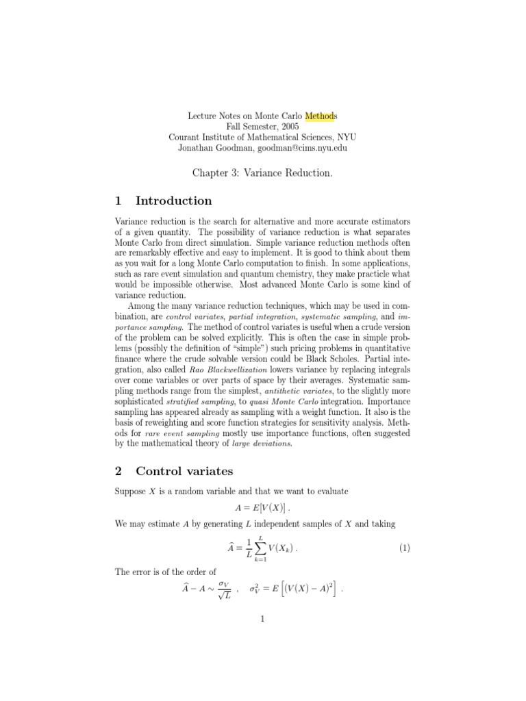 Chapter 3: Variance Reduction | PDF | Variance | Monte Carlo Method Chapter 3: Variance Reduction | PDF | Variance | Monte Carlo Method