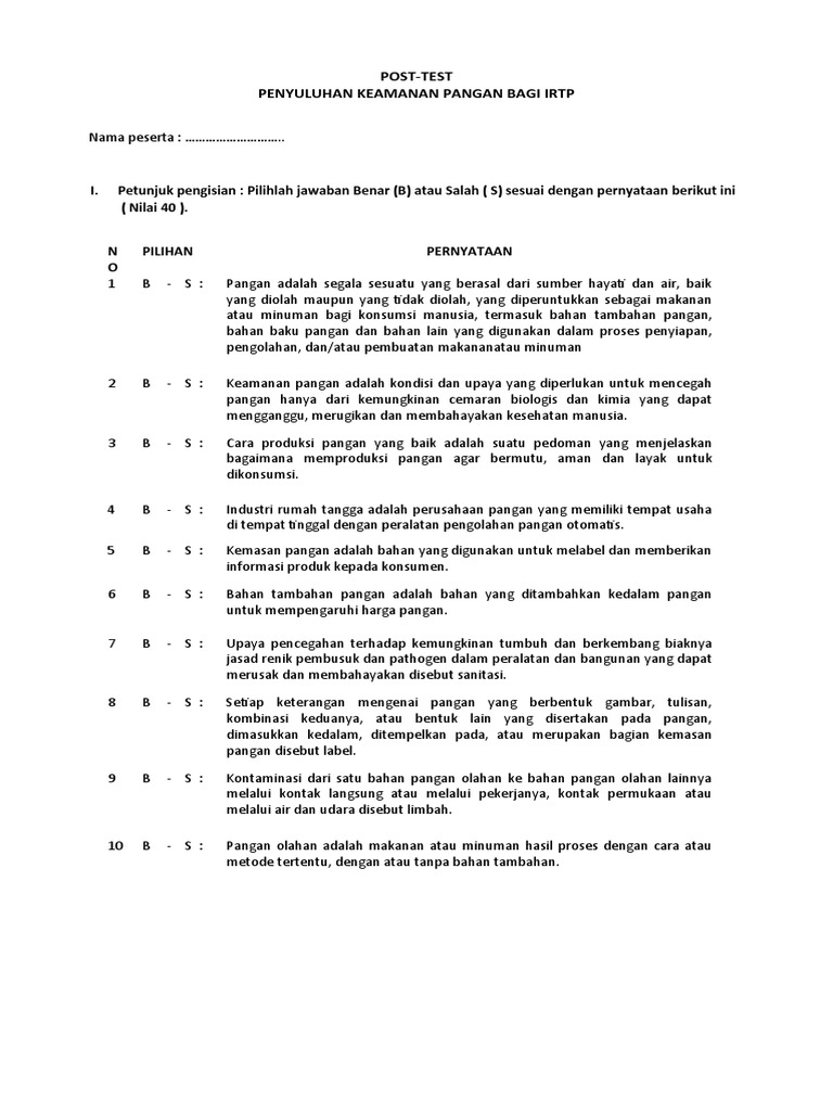 Post-Test Keamanan Pangan IRTP | PDF