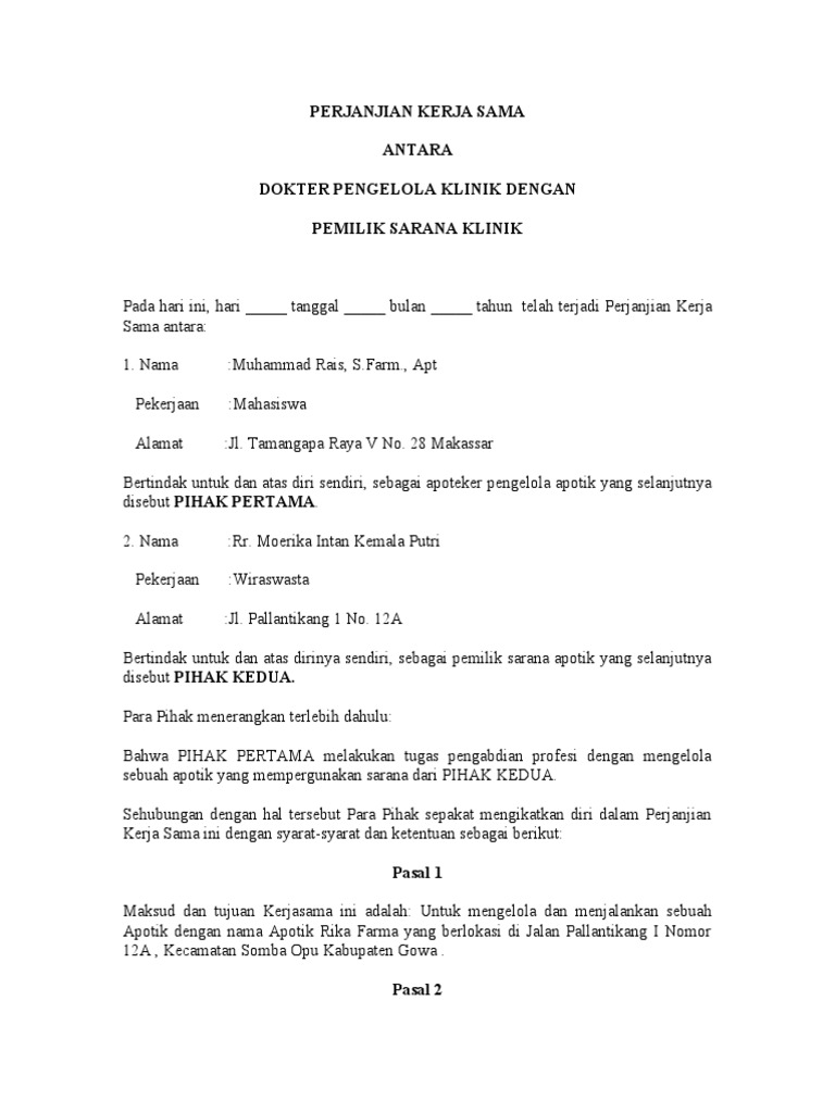 Perjanjian Kerja Apoteker Dan Klinik Pdf
