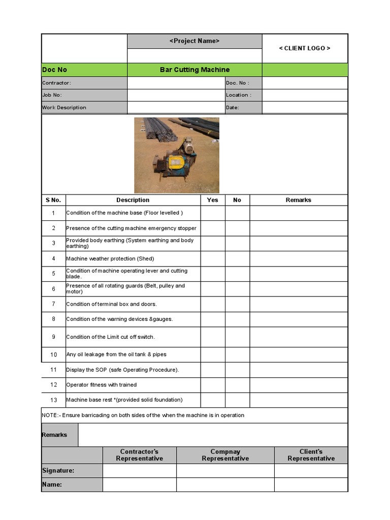 Bar Cutting Machine HSE Checklist | PDF