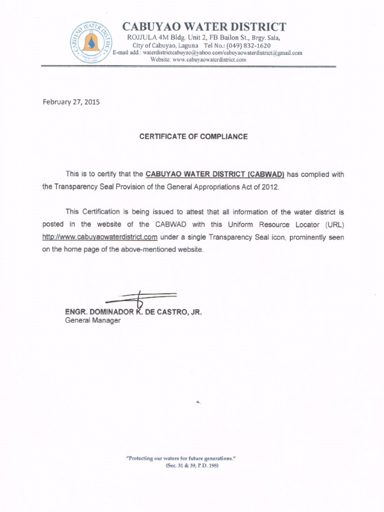 Certificate of Compliance Transparency Seal | PDF