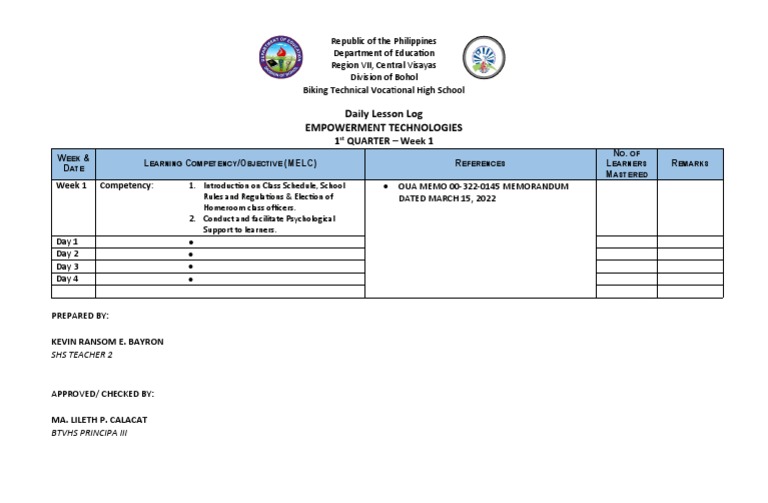 Daily Lesson Log Empowerment Technologies: Biking Technical Vocational ...