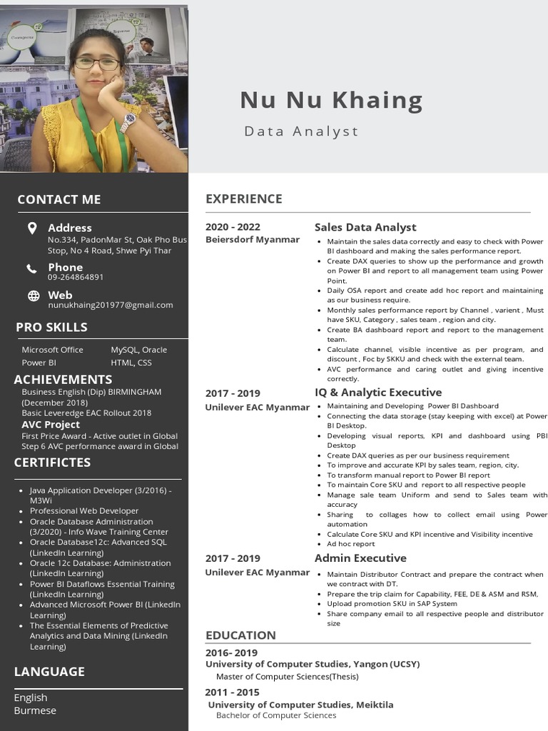Nu Nu Khaing: Data Analyst | PDF | Oracle Corporation | Information Management