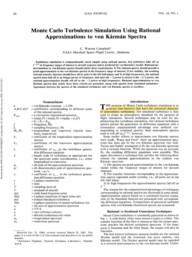 Monte Carlo Turbulence Simulation Using Rational Approximations To Von Karman Spectra | PDF ...