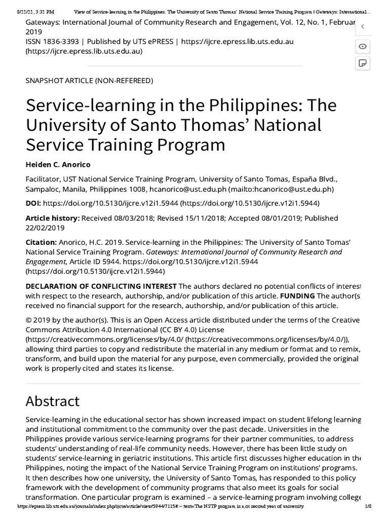Service-Learning in The Philippines: The University of Santo Thomas National Service Training ...