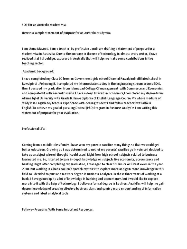 SOP Sample for Australia Student Visa | PDF | University | Academic Degree
