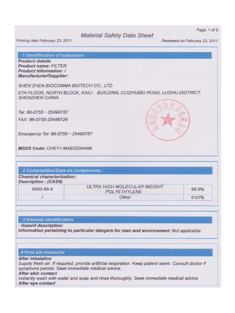 MSDS - (UHMW-PE Filter) - Biocomma | PDF