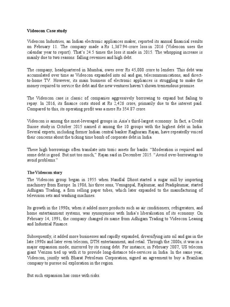 Videocon Case Study-Debt Trap | PDF | Debt | Interest