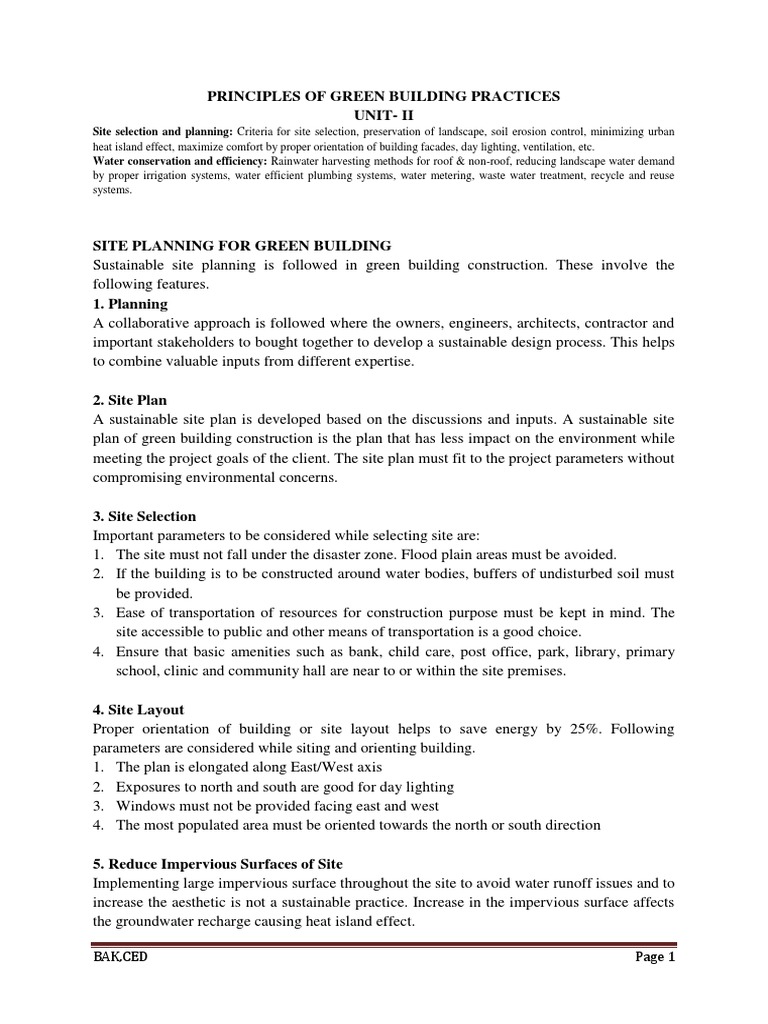 Principles Of Green Building Practices Unit Ii Bak Ced Download