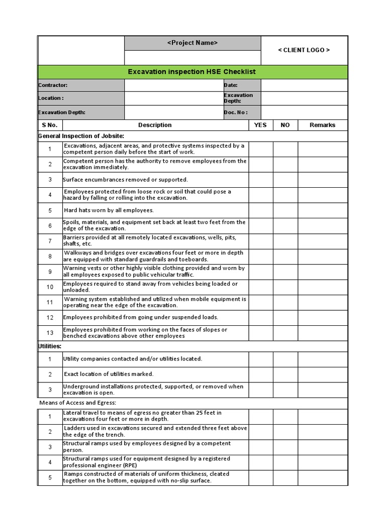 Excavation Inspection HSE Checklist | PDF | Safety