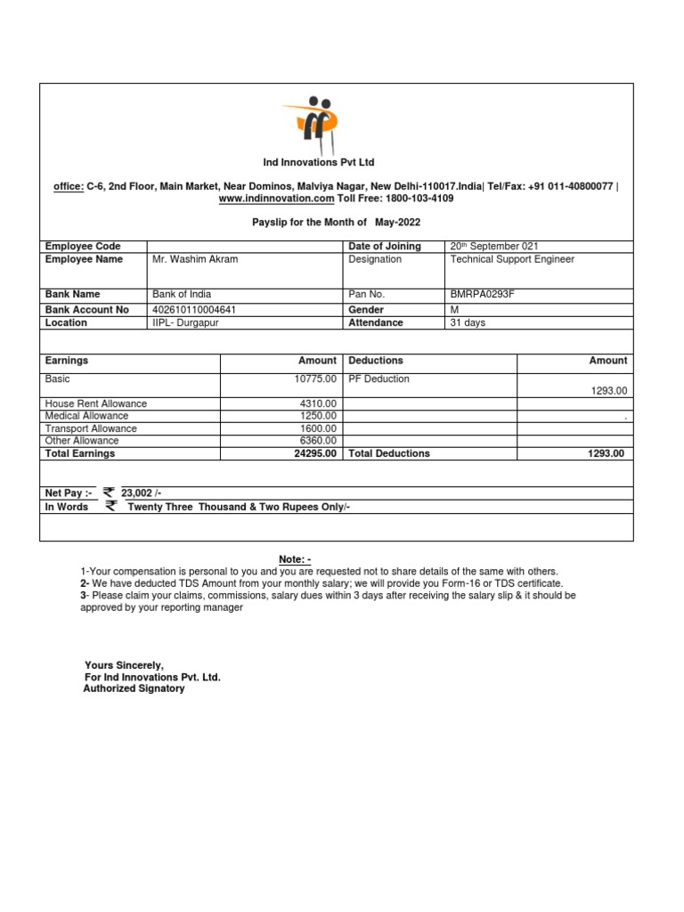 Washim Akram-May '22 Month Salary Slip.. | PDF