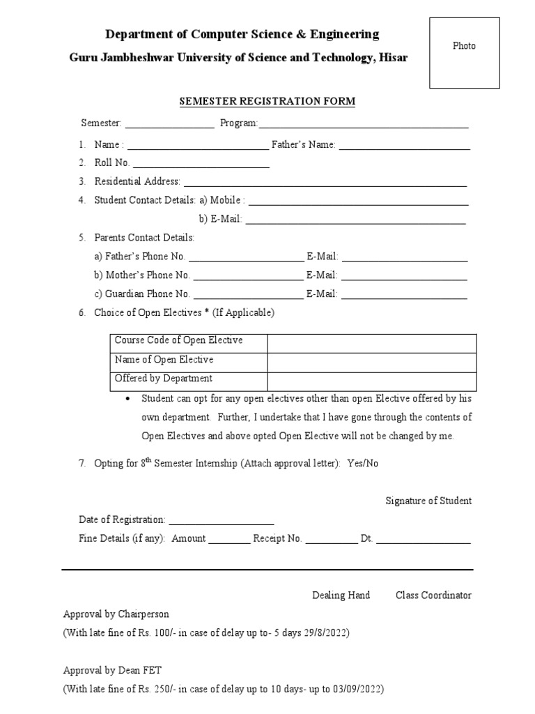 Semester Registration Form Template | PDF