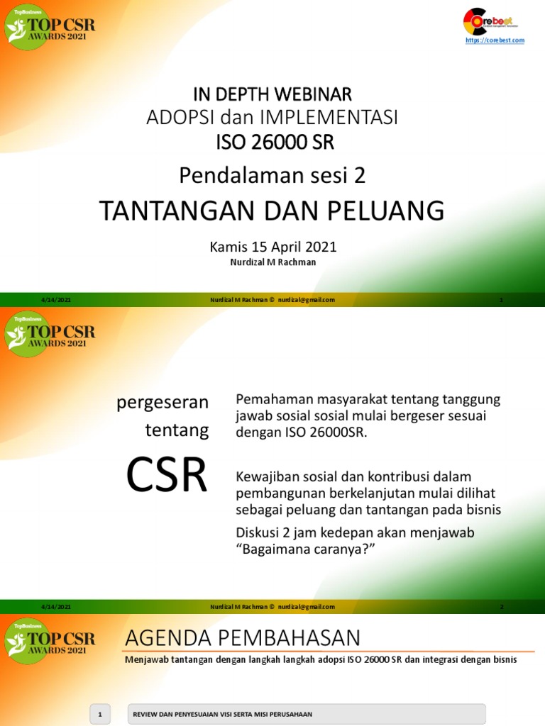Webinar ISO 26000 SR TOP CSR 1'5 April 2021 Sesi Siang | PDF | Karier & Perkembangan | Bisnis