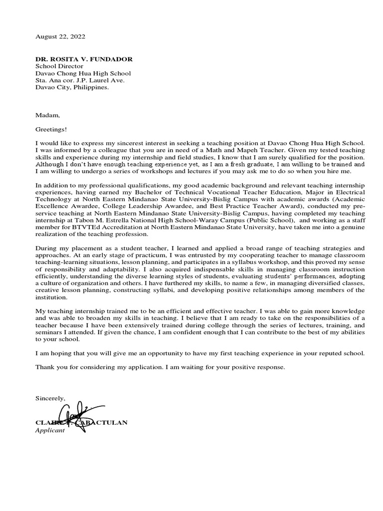 Teaching Application to Davao Chong Hua High School | PDF | Teaching ...