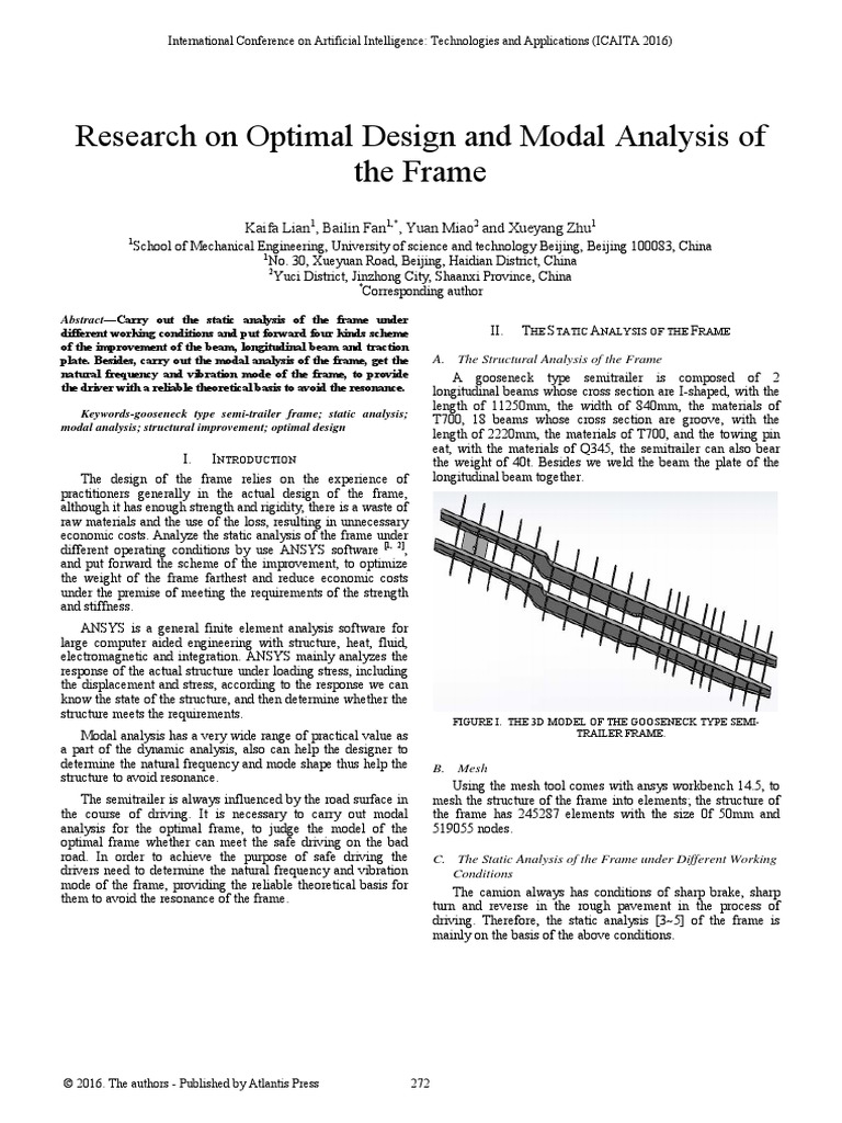Research On Optimal Design and Modal Analysis of The Frame: Kaifa Lian, Bailin Fan, Yuan Miao ...
