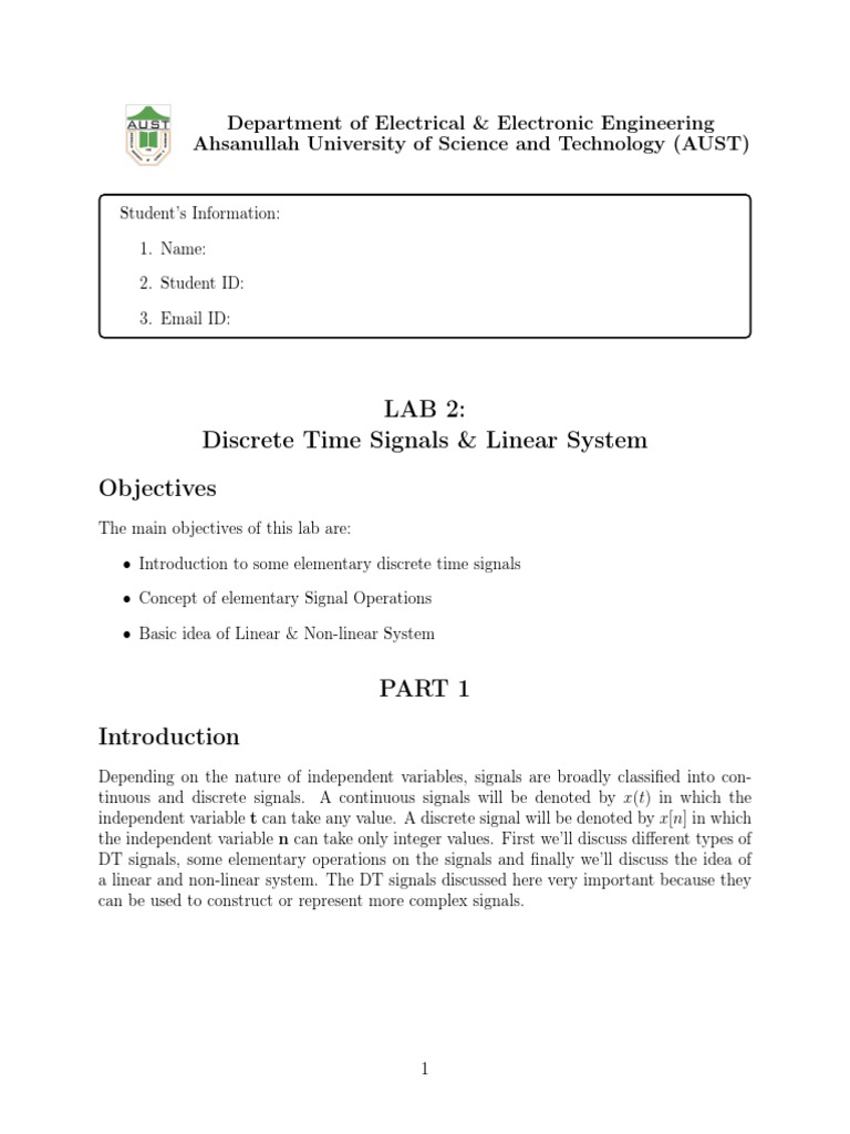 LAB 2: Discrete Time Signals & Linear System Objectives | PDF | Mathematics | Applied Mathematics