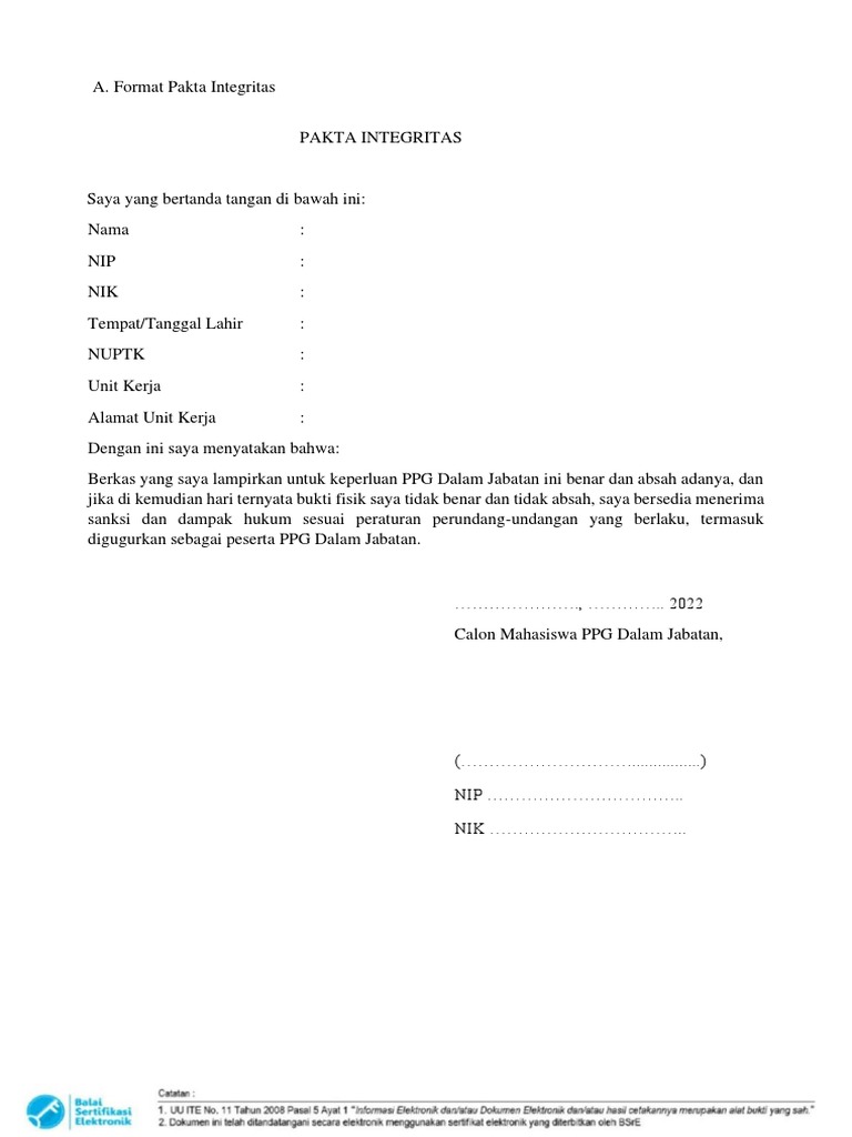 Format Pakta Integritas Dan Surat Izin Pimpinan 2022 | PDF