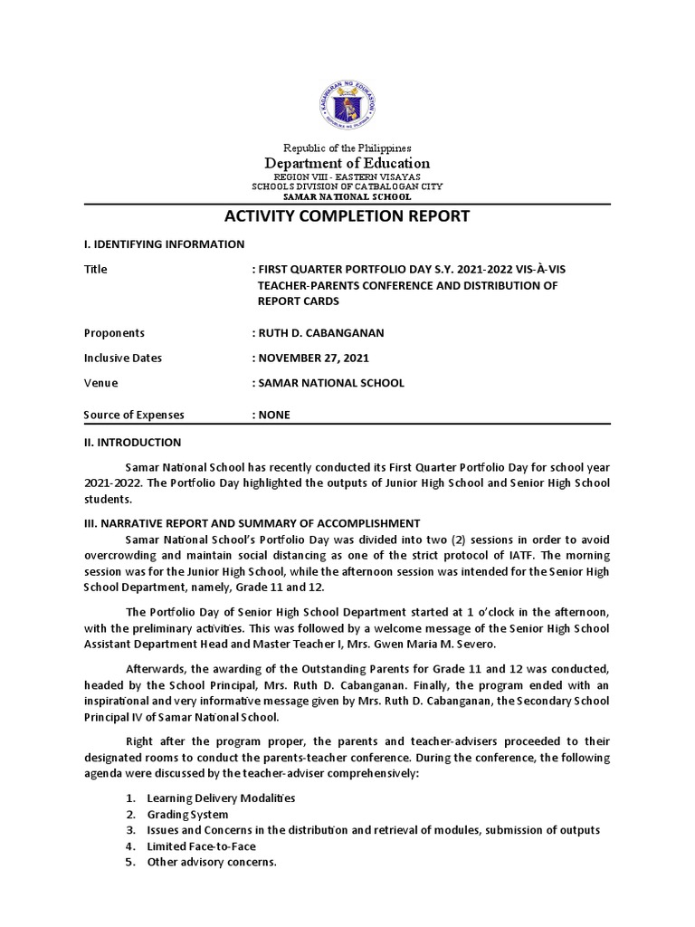 Activity Completion Report: Department of Education | PDF