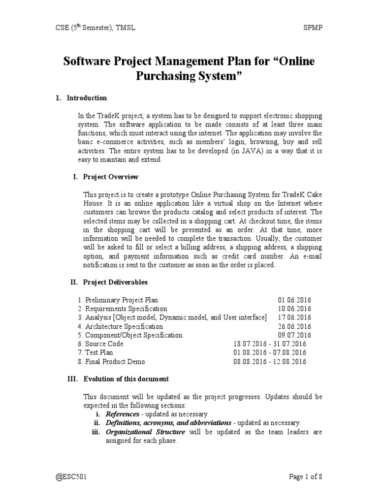 Software Project Management Plan For "Online Purchasing System" | PDF ...