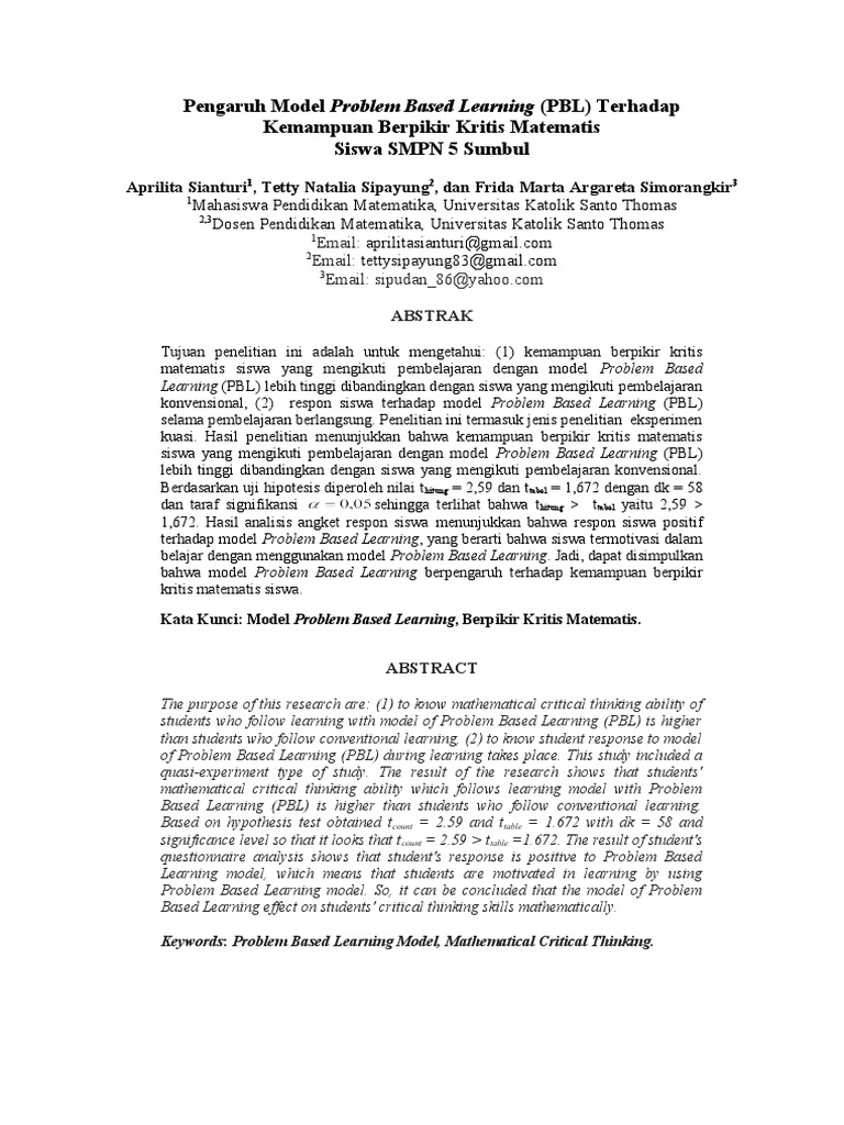 The Effect of Problem Based Learning (PBL) Model on Students' Mathematical Critical Thinking ...