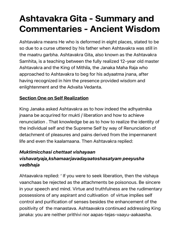 Ashtavakra Gita - Summary and Commentaries - Ancient Wisdom | PDF ...